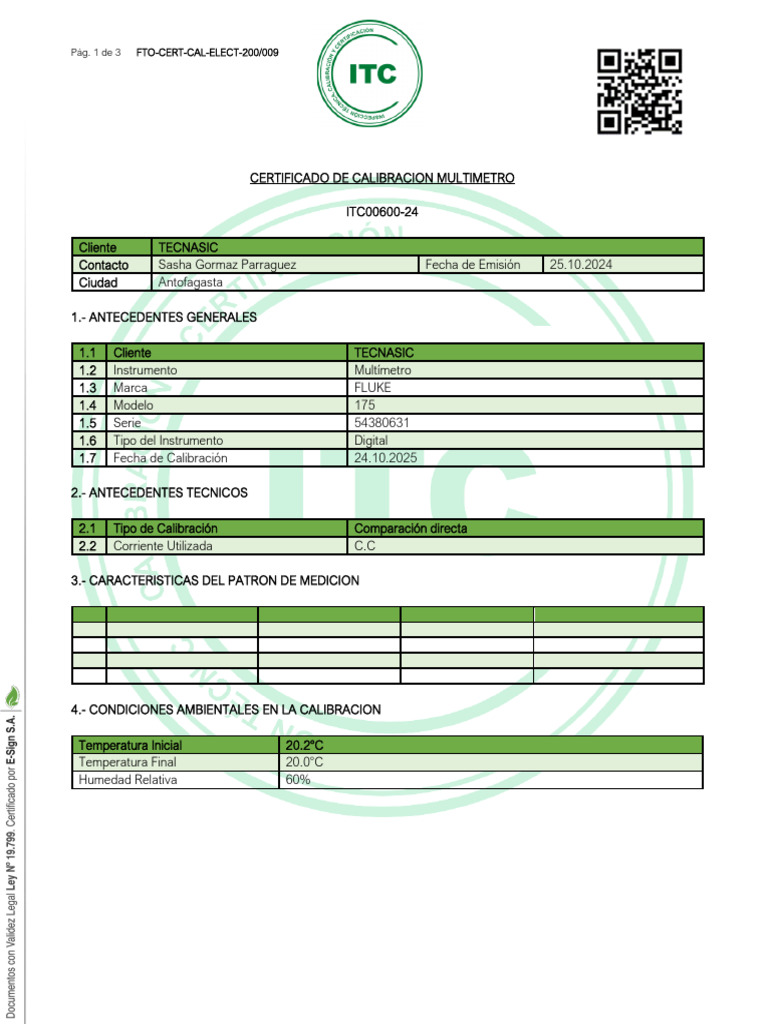CERTIFICADO DE CALIBRACION MULTIMETRO N°600 | PDF | Calibración ...