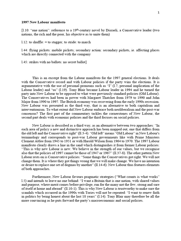 1997 New Labour Manifesto Analysis | PDF | Taxes | Labour Party (Uk)