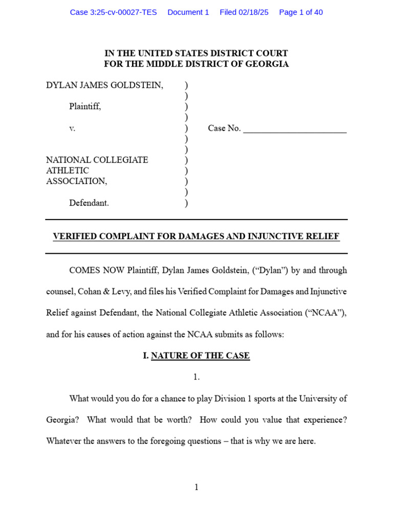 Dylan Goldstein Suing NCAA | PDF | National Collegiate Athletic ...