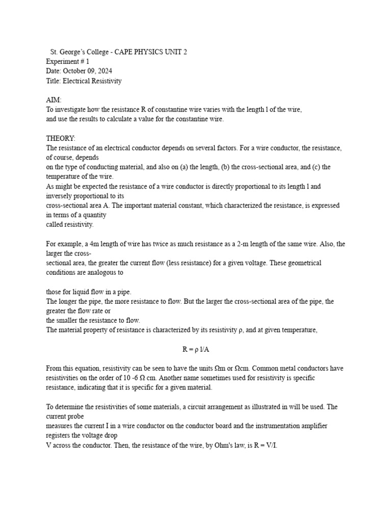 Zeroberto's Resistivity Lab | PDF | Electrical Resistivity And ...