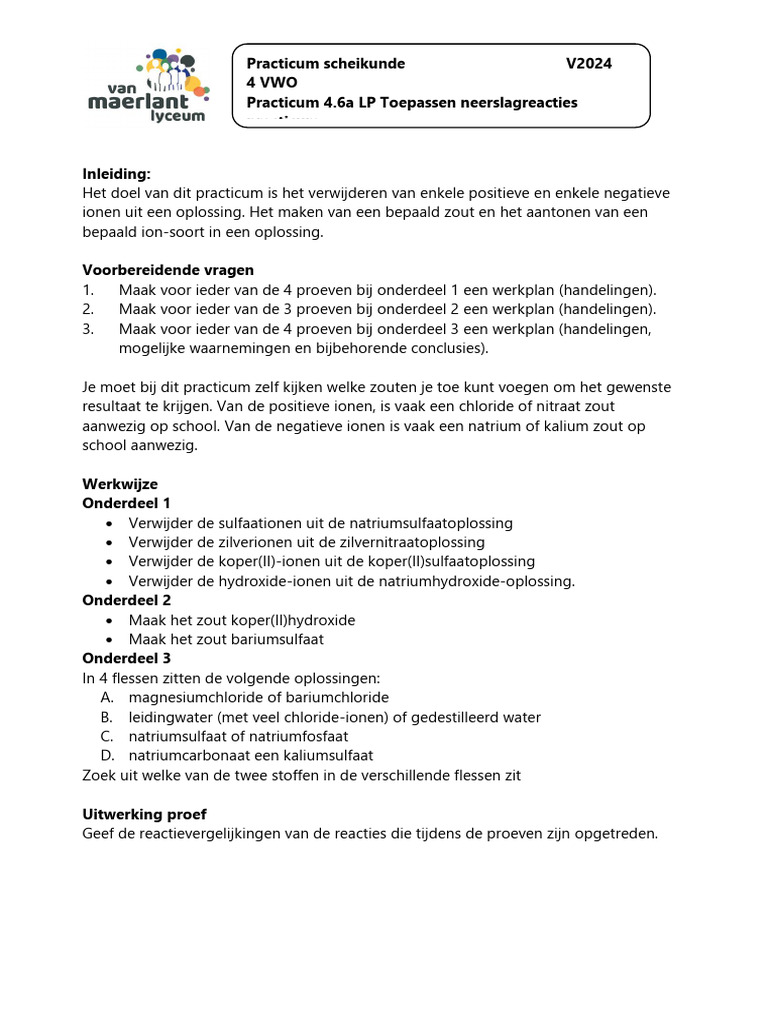 SK V4 4.6a Practicum Toepassen Neerslagreacties | PDF