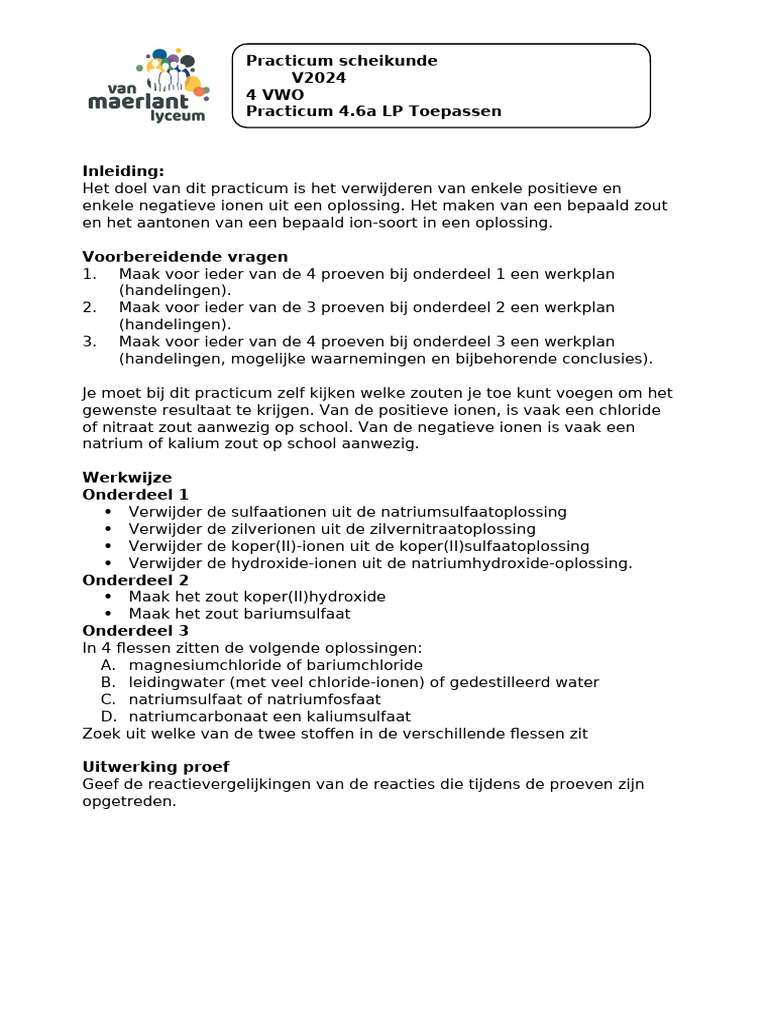 SK V4 4.6a Practicum Toepassen Neerslagreacties | PDF