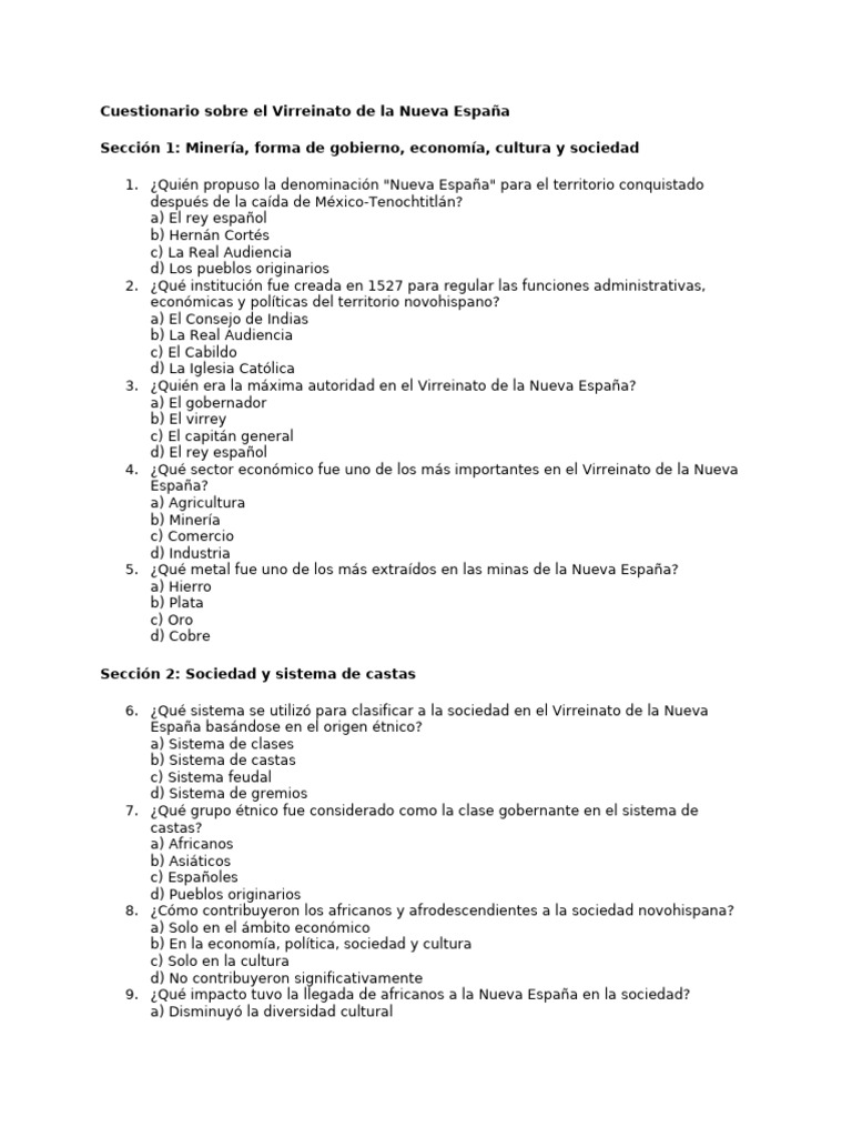 Cuestionario sobre el Virreinato de Nueva España | PDF | Nueva españa ...