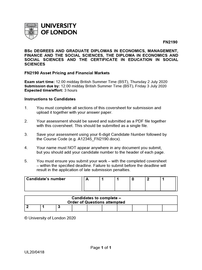 FN2190 Asset Pricing Exam Instructions | PDF