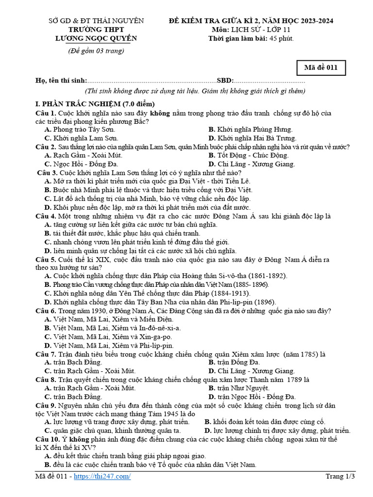 De Giua Ki 2 Lich Su 11 Nam 2023 2024 Truong THPT Luong Ngoc Quyen Thai Nguyen | PDF