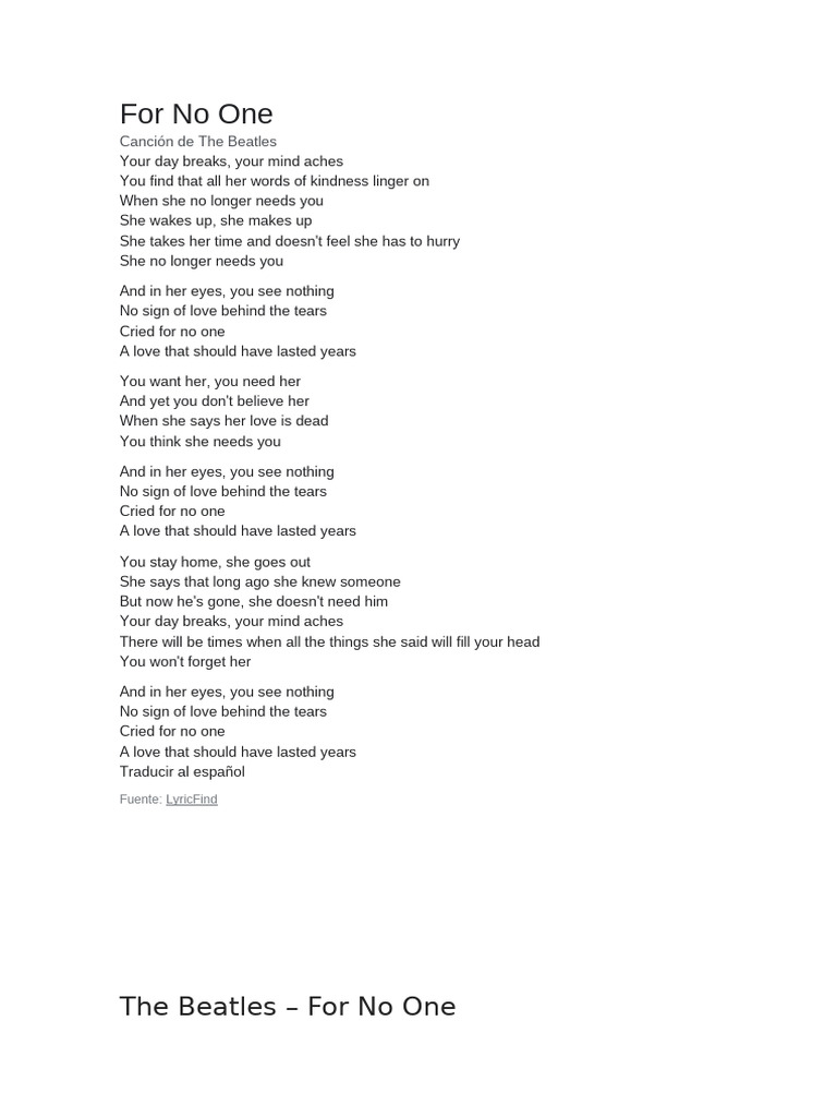 For No One song The Beatles Present simple | PDF | Ringo Starr ...