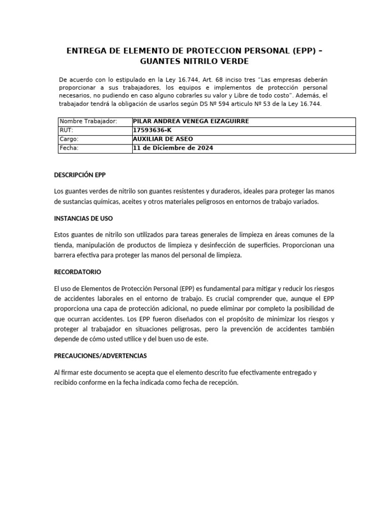 Entrega EPP: Guantes Nitrilo Verde | PDF | Guante