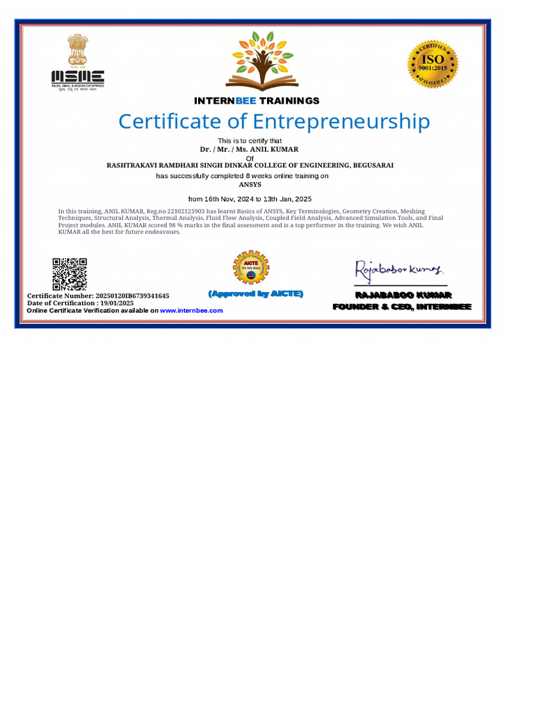 Certificate - PHP Name Anil+Kumar&Contact 7631809230&result Submit | PDF