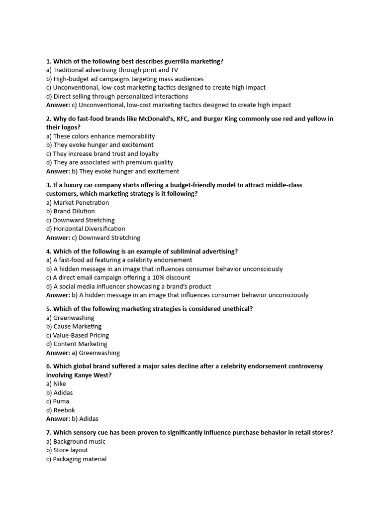 Marketing Strategies and Concepts Quiz | PDF | Pricing | Marketing