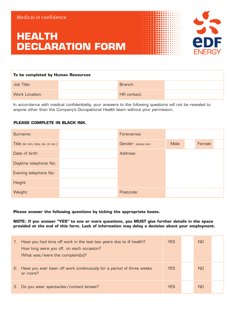 Health Declaration Form | PDF | Disability | Mental Disorder