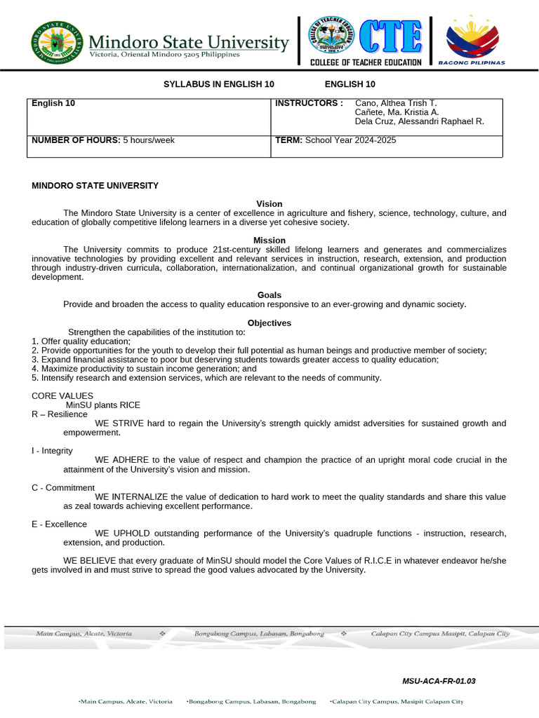 English 10 Syllabus - Elt | PDF | Rhetoric | Essays