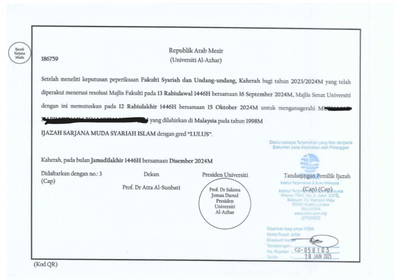 Sijil Ijazah Azhar Terjemahan Itbm | PDF