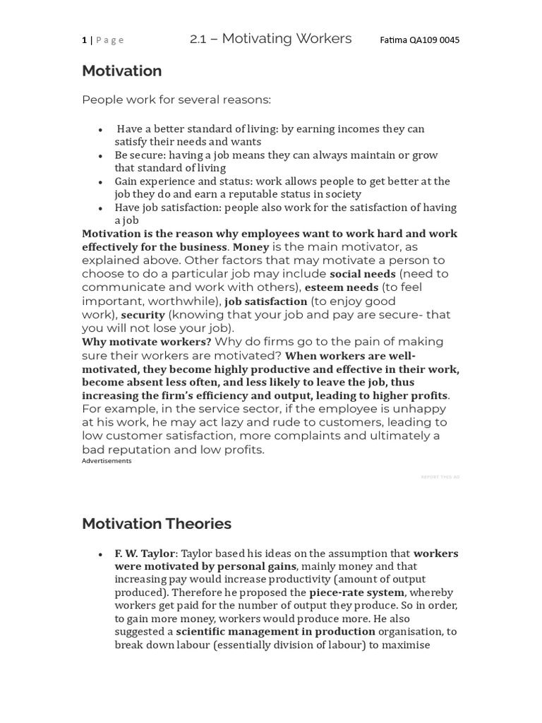 2.1 – Motivating Workers | PDF | Organizational Behavior | Industrial And Organizational Psychology