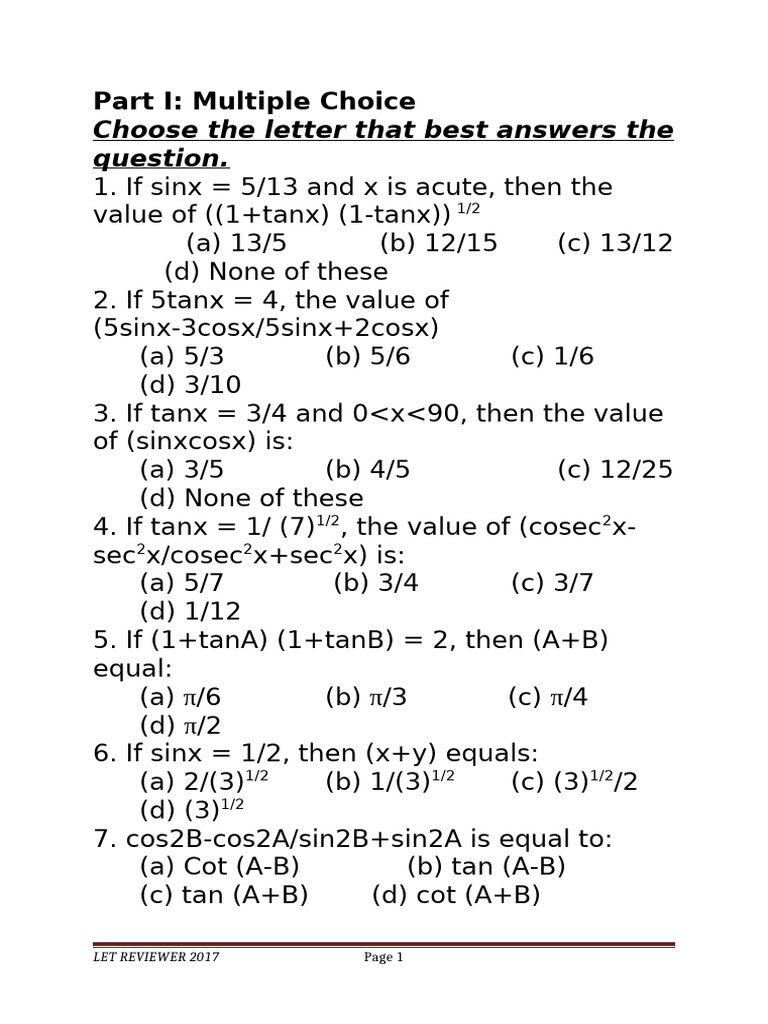 Trigonometry Multiple Choice Questions | PDF
