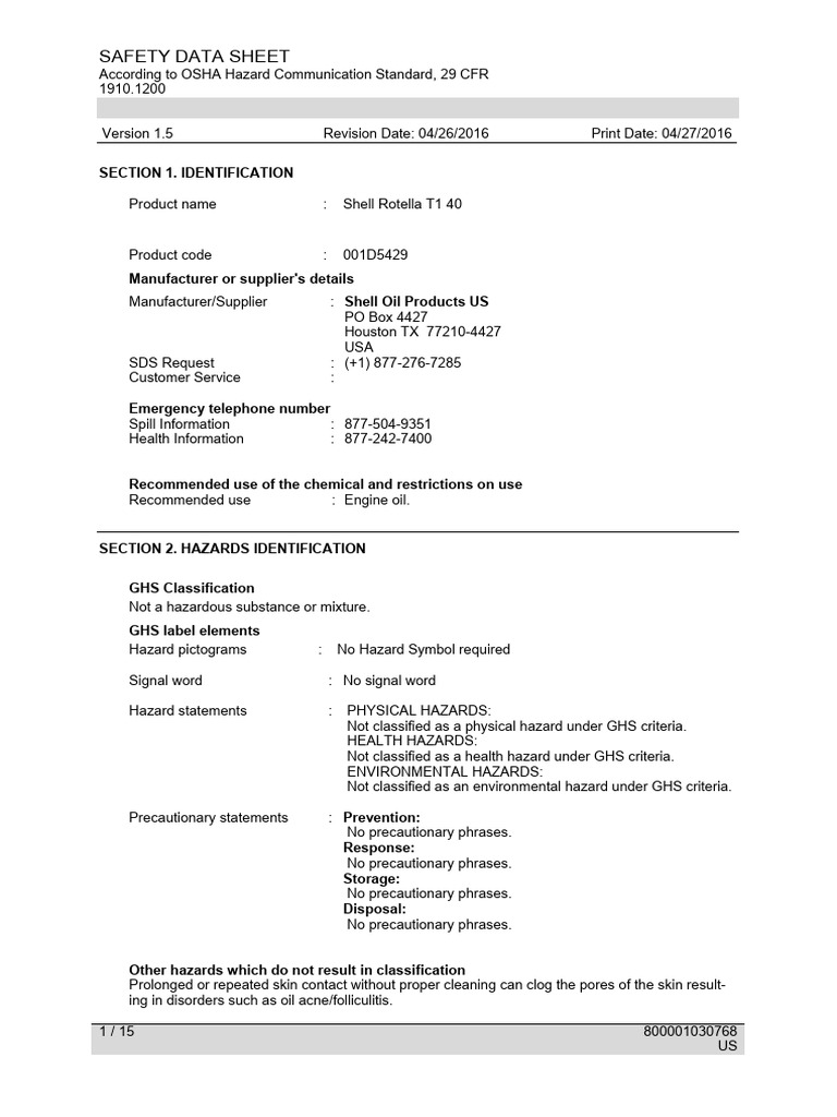 Shell Rotella T1 SAE 40 MSDS | PDF | Working Conditions | Safety