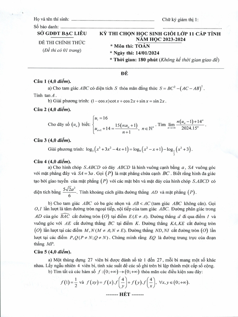De Hoc Sinh Gioi Toan 11 Cap Tinh Nam 2023 2024 So GDDT Bac Lieu | PDF