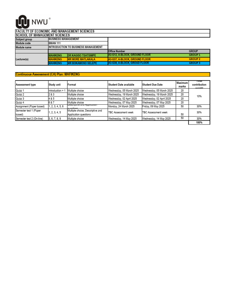 BMAN111 - 2025 - Assessment Plan - MC - 01 | PDF | Multiple Choice | Tests