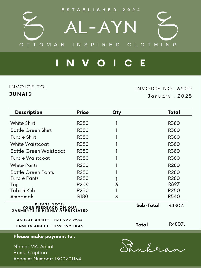 Ottoman Inspired Clothing Invoice | PDF