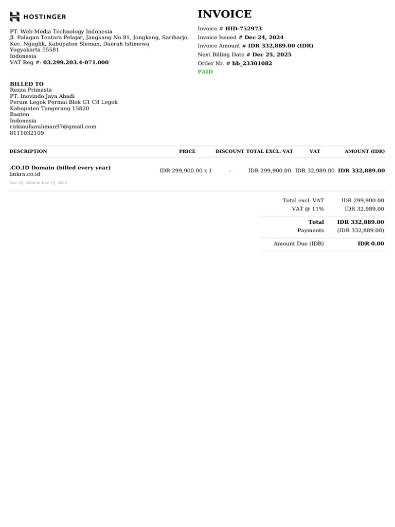 Billed To: Description Price Discount Total Excl. Vat VAT Amount (Idr ...