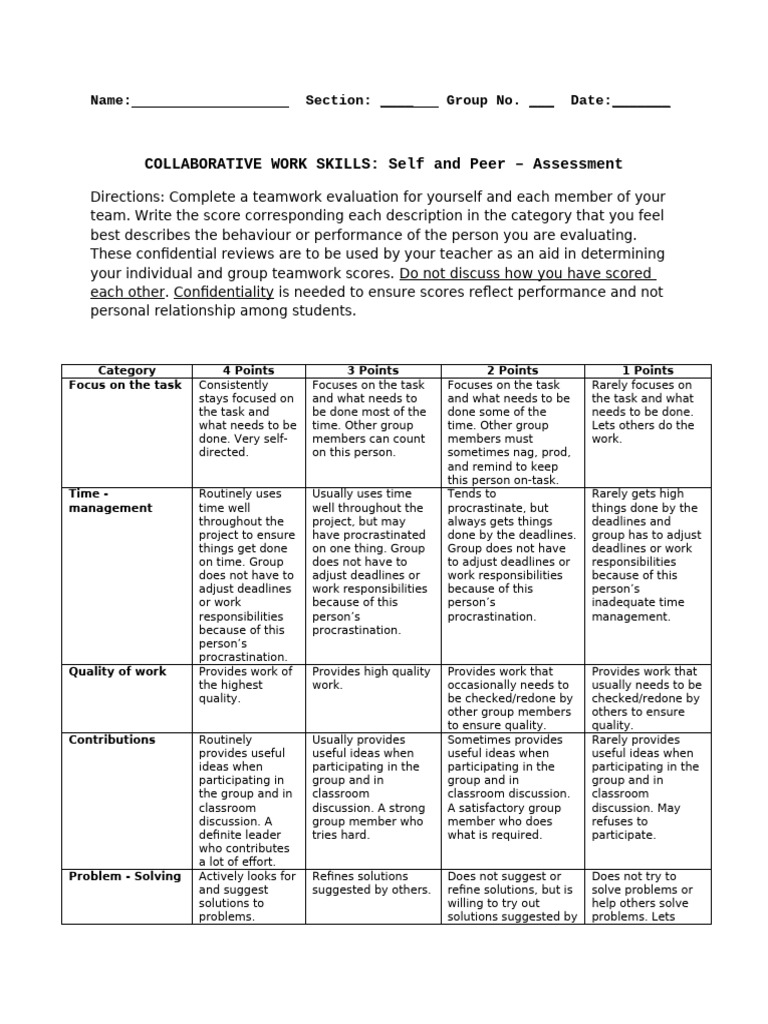 Teamwork Self and Peer Assessment Guide | PDF | Psychological Concepts ...