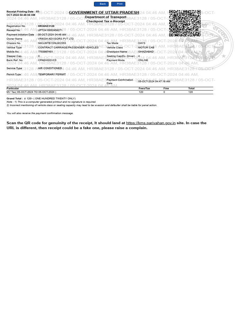 UP Checkpost Tax e-Receipt Details | PDF | Vehicles | Transport