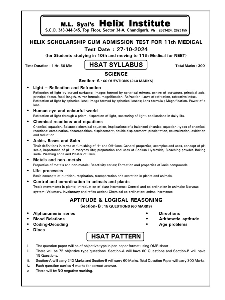 Helix HSAT 2024: Scholarship Test Details | PDF