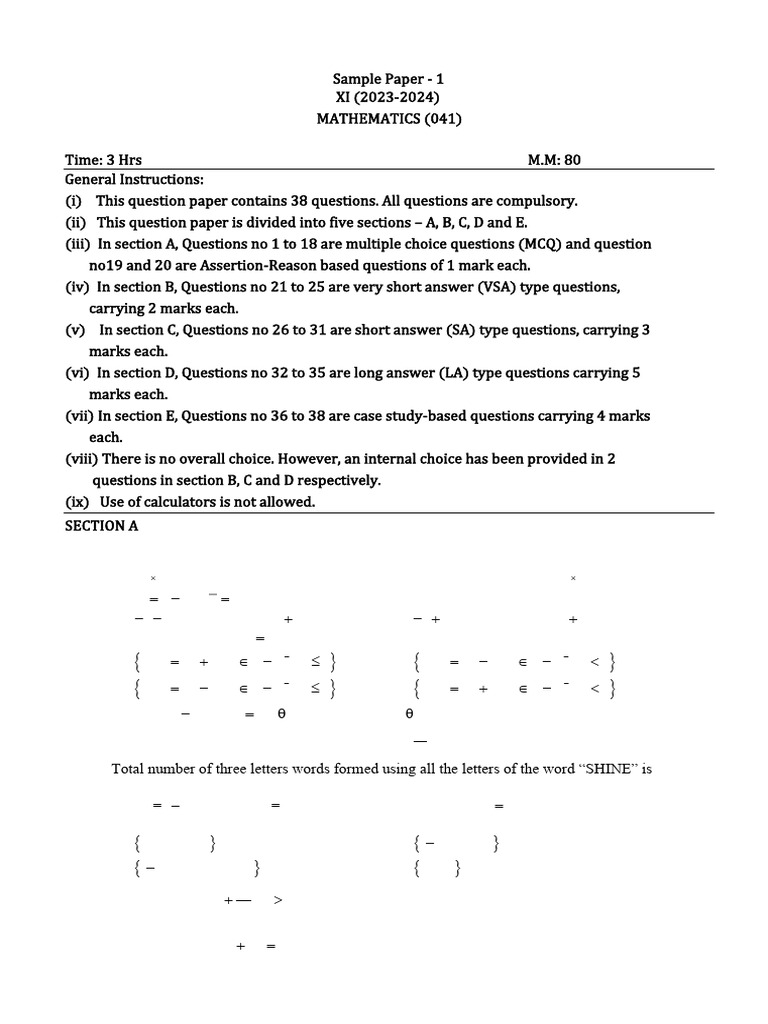 Class XI Mathematics Sample Paper | PDF | Function (Mathematics ...