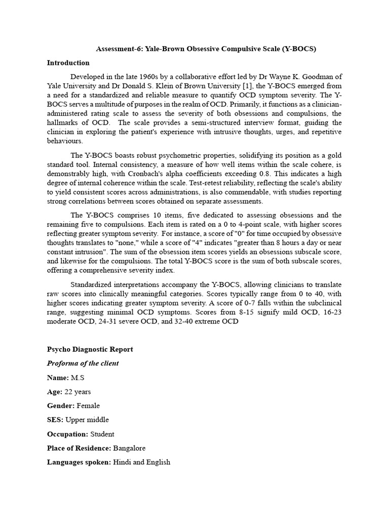 YBOCS | PDF | Obsessive–Compulsive Disorder | Human Diseases And Disorders