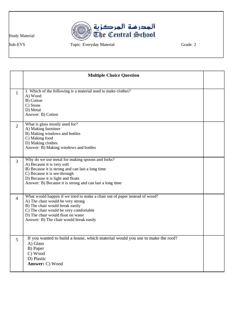 GRD 2 - EVS - Everyday Material STUDY MATERIAL 2024-25 | PDF | Glasses | Chair