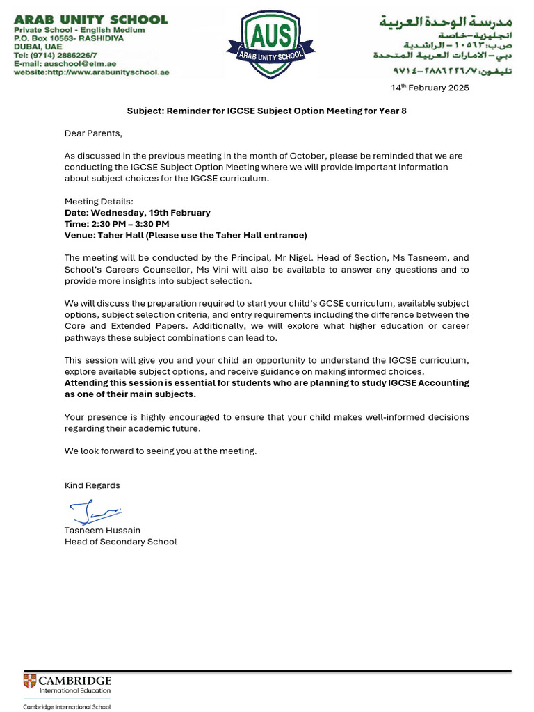 IGCSE Subject Option Meeting Reminder Letter_250215_174451 | PDF