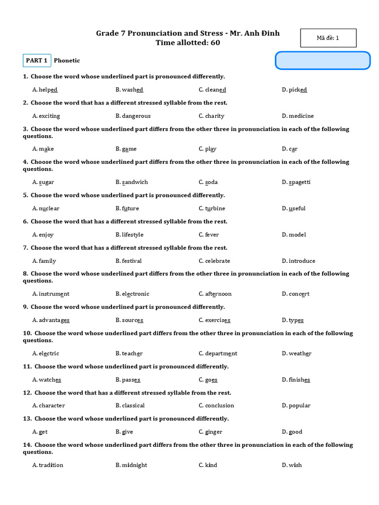 Grade 7 Pronunciation Practice Test | PDF | Stress (Linguistics) | Teaspoon