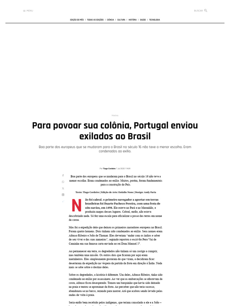 Para Povoar Sua Colônia, Portugal Enviou Exilados Ao Brasil | PDF | Era ...
