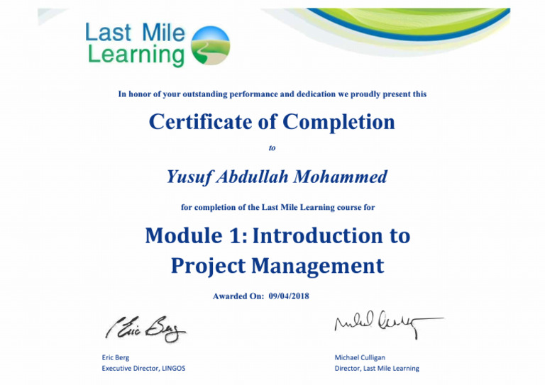 Certificate - Yusuf - Project Management-Module 1 Introduction To Project Management | PDF