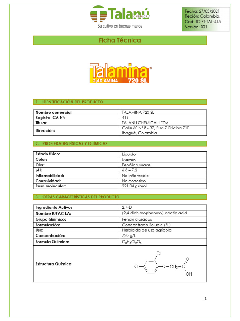 Herbicida TALAMINA 720 SL en Colombia | PDF | Agua