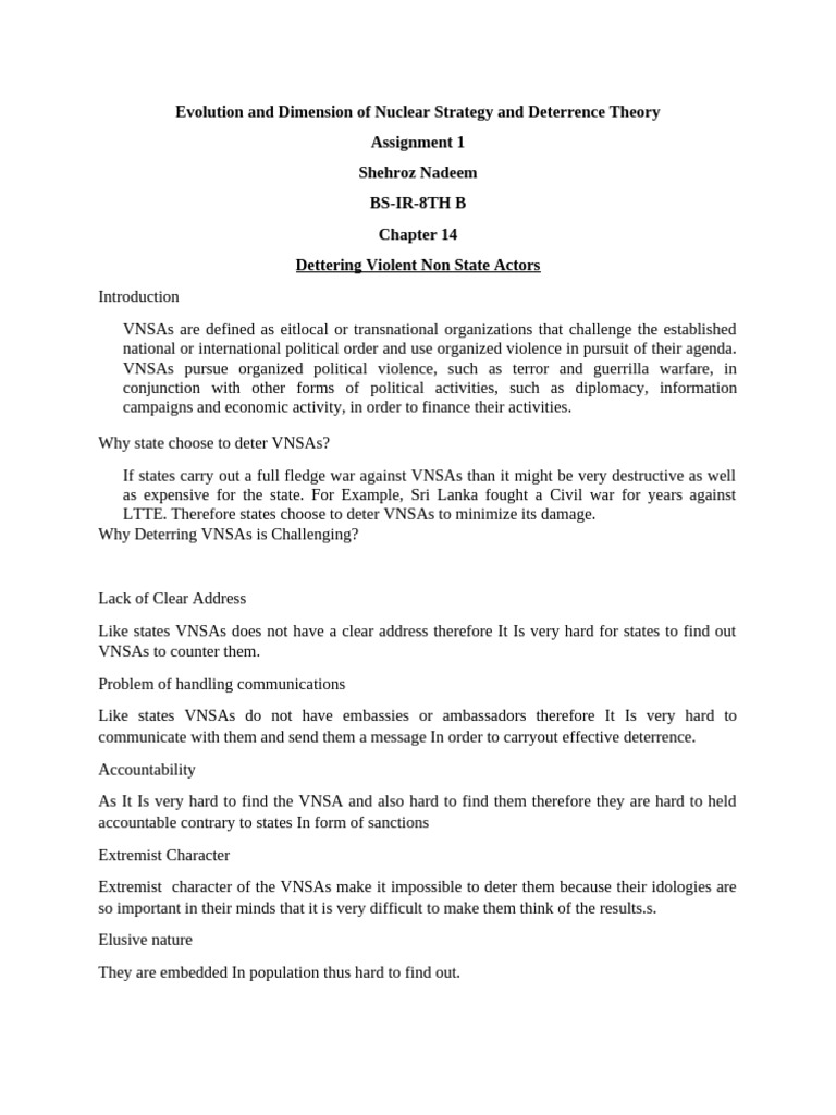 Evolution and Dimension of Nuclear Strategy and Deterrence Theory Assignment 1 Shehroz Nadeem Bs ...
