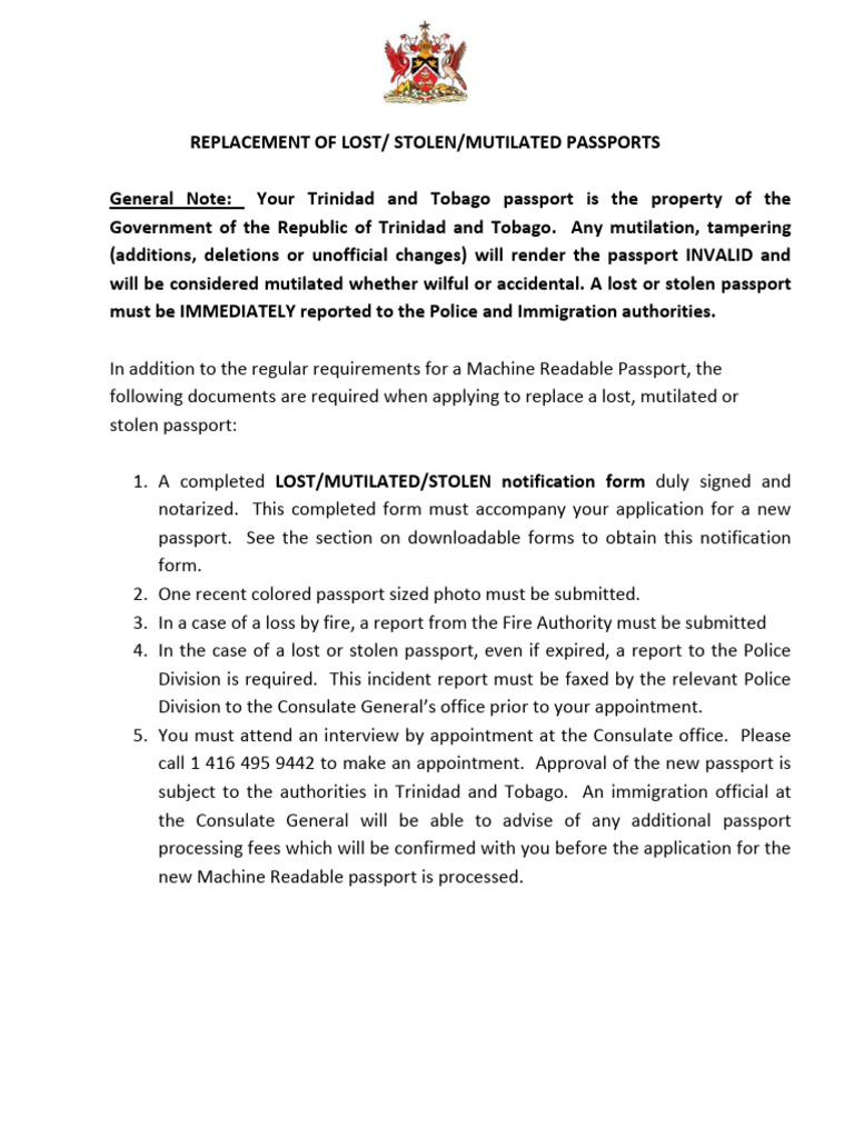Replace Lost or Stolen Trinidad Passport | PDF