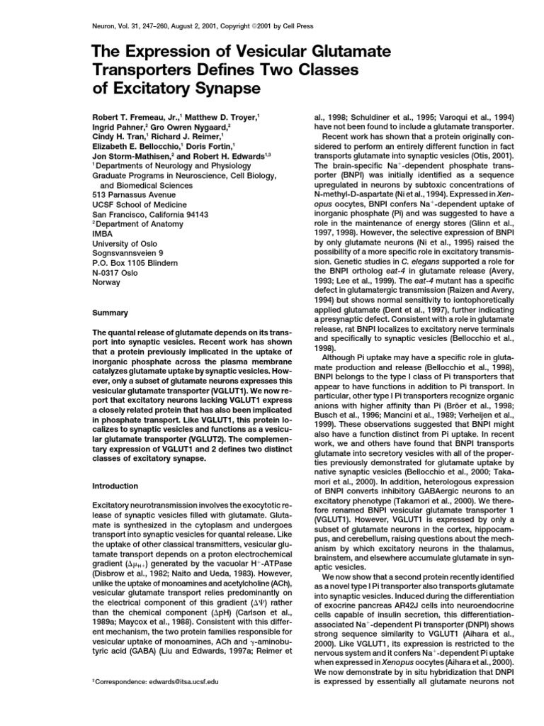 The Expression of Vesicular Glutamate Transporters Defines Two Classes ...