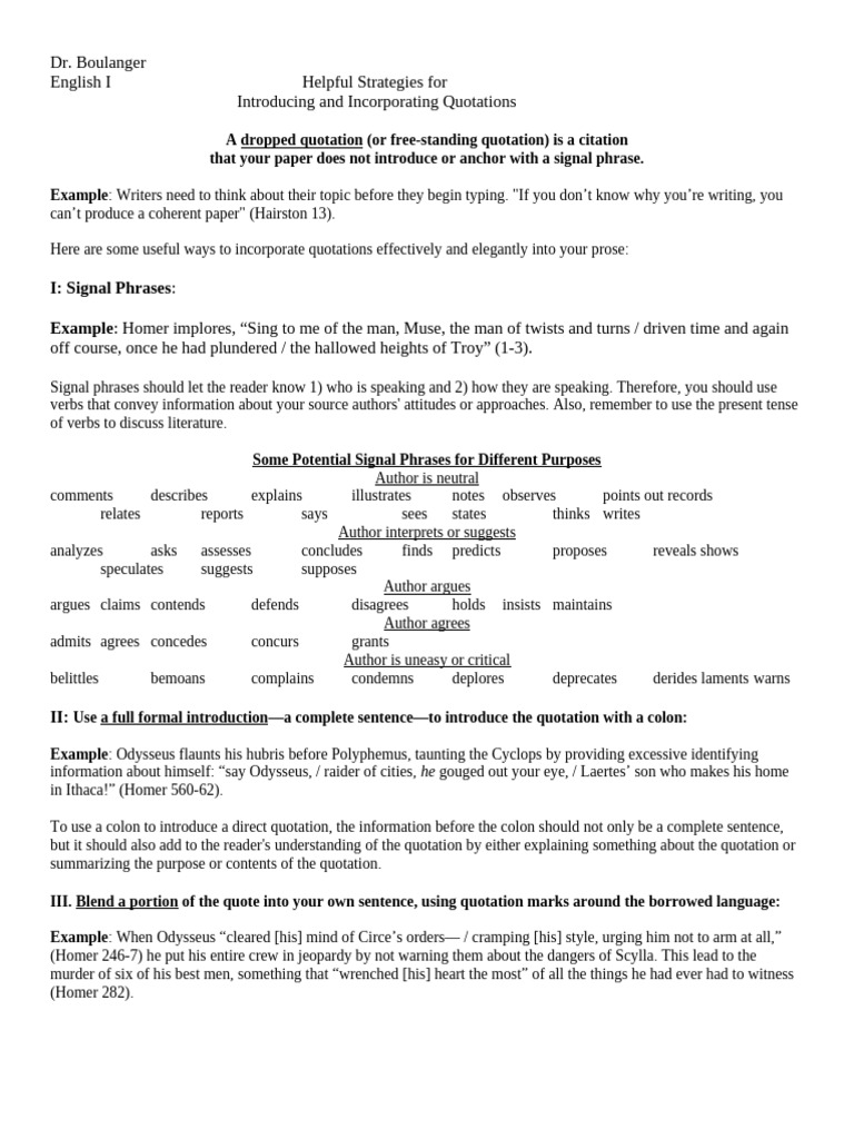Helpful Strategies For Introducing and Incorporating Quotations | PDF ...