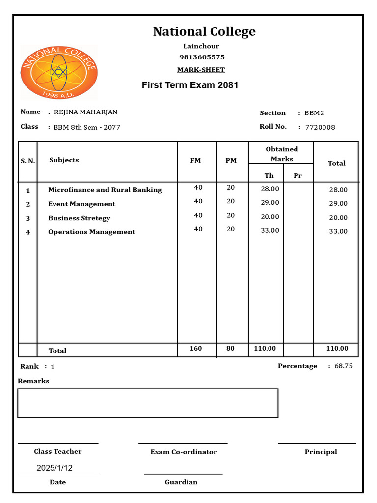 Marksheet-First Term Exam 2081 | PDF