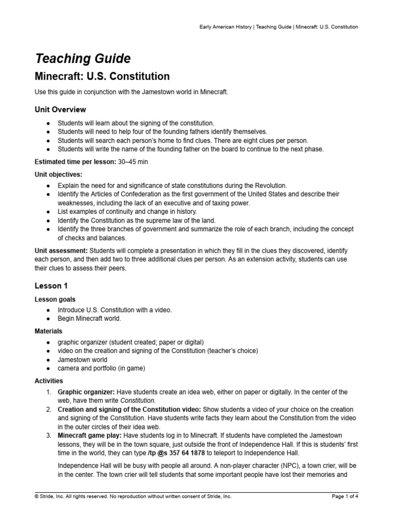 Minecraft Teaching Guide: U.S. Constitution | PDF