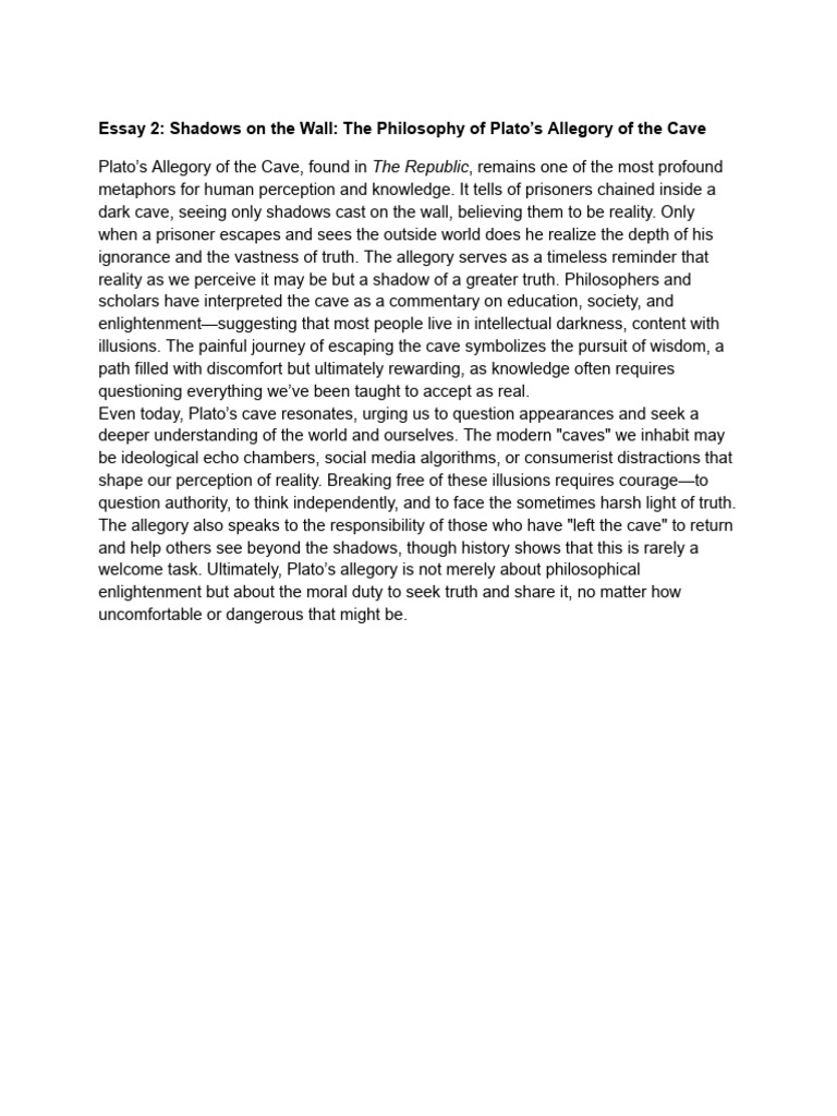 Essay 2 - Shadows On The Wall - The Philosophy of Plato's Allegory of ...