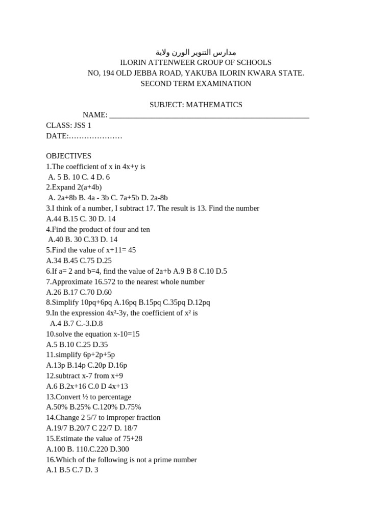 Second Term Exam Maths jss1 | PDF