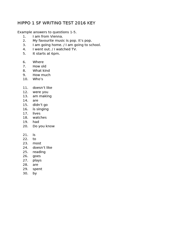 Hippo 1 Writing 2016 Key | PDF
