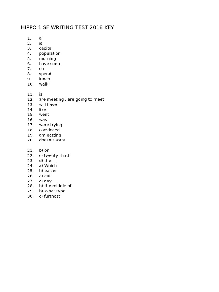 HIPPO 1 SF Writing Test 2018 Answers | PDF