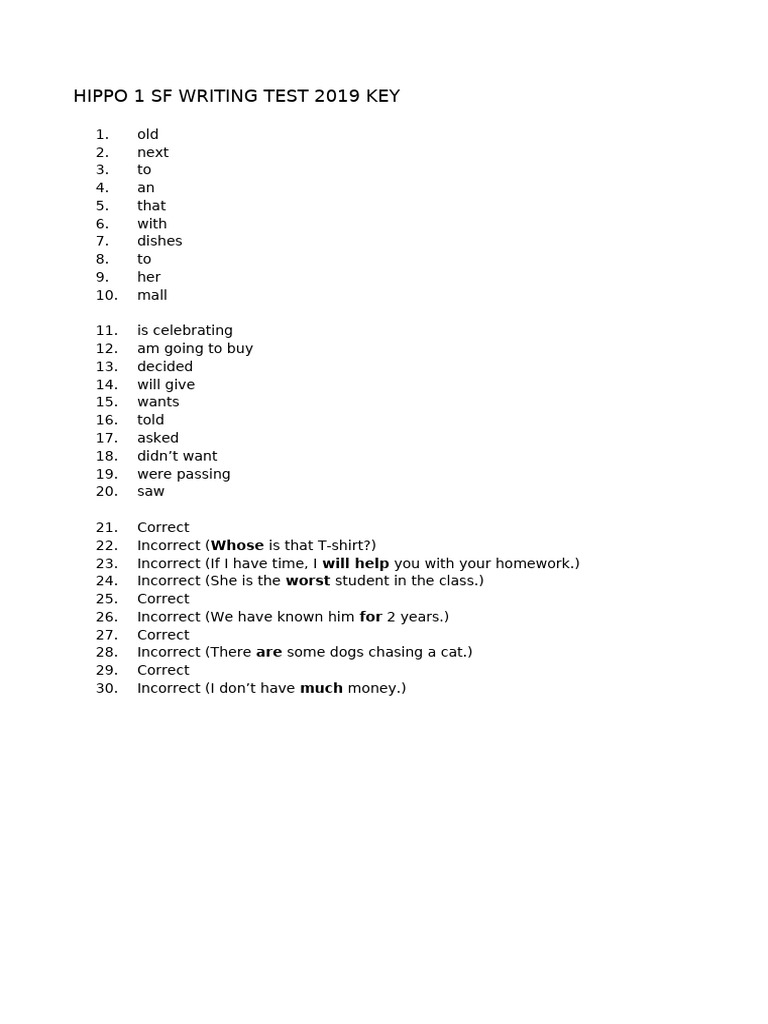 HIPPO 2019 Writing Test Answer Key | PDF
