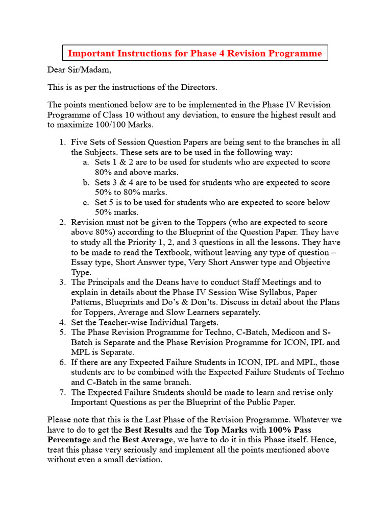 Important Instructions For Phase 4 Revision Programme | PDF