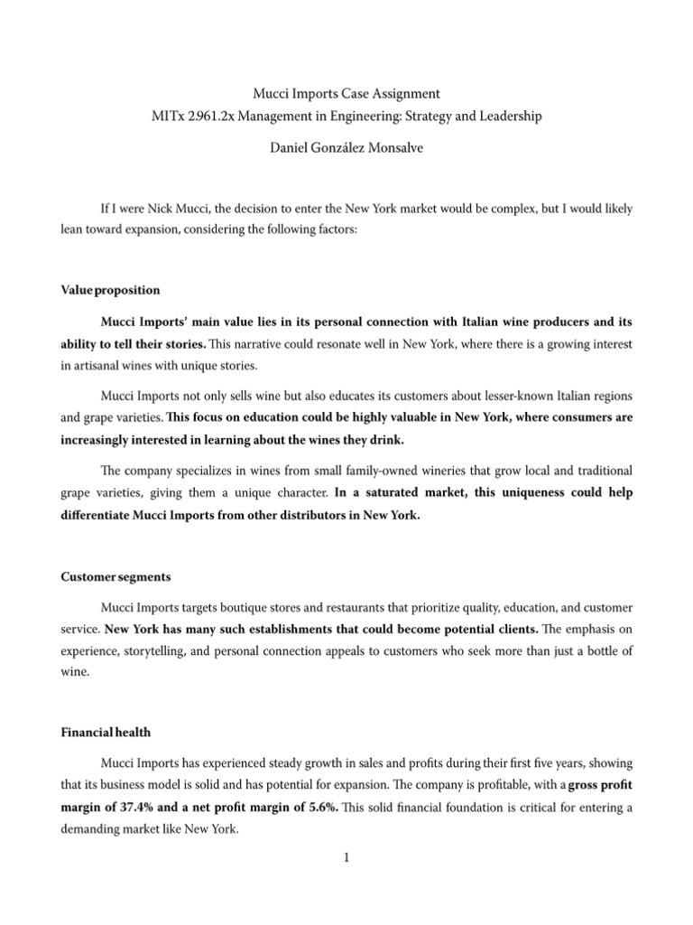 Mucci Imports Case Assignment | PDF
