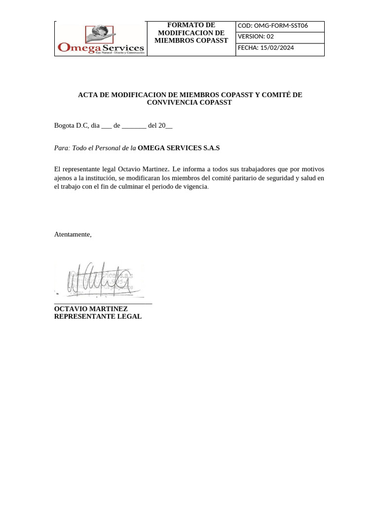 Omg-Form-Sst06 Formato Acta de Modificación de Miembros Copasst | PDF