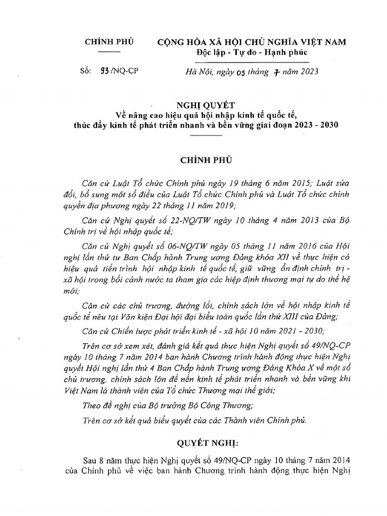 NQ-93 - Nang Cao Hieu Qua Hoi Nhap KTQT 2023 2030 | PDF