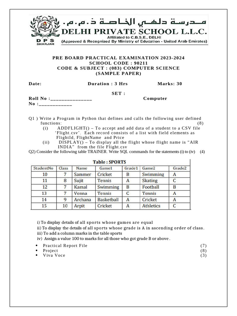 PRE BOARD PRACTICAL - SAMPLE PAPER - Gr12 | PDF